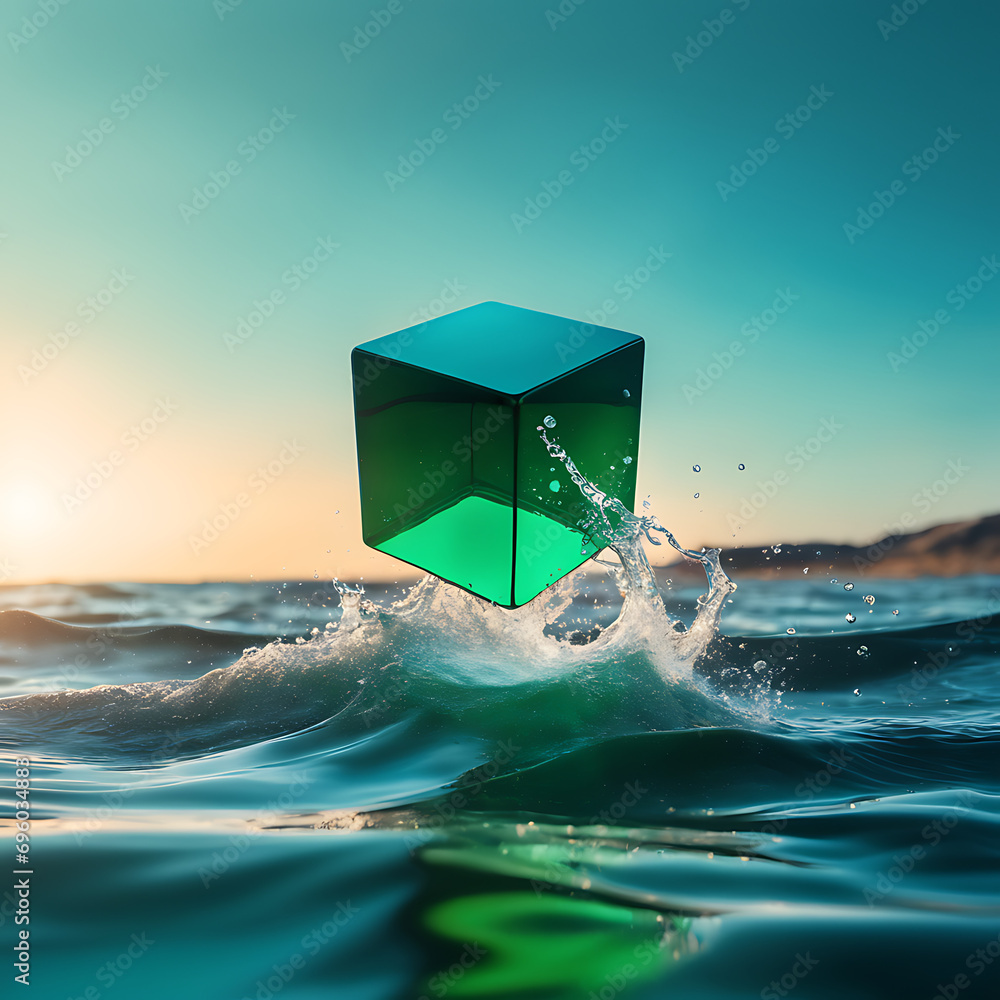 A lone green cube floats in water, its edges visible as it contrasts ...