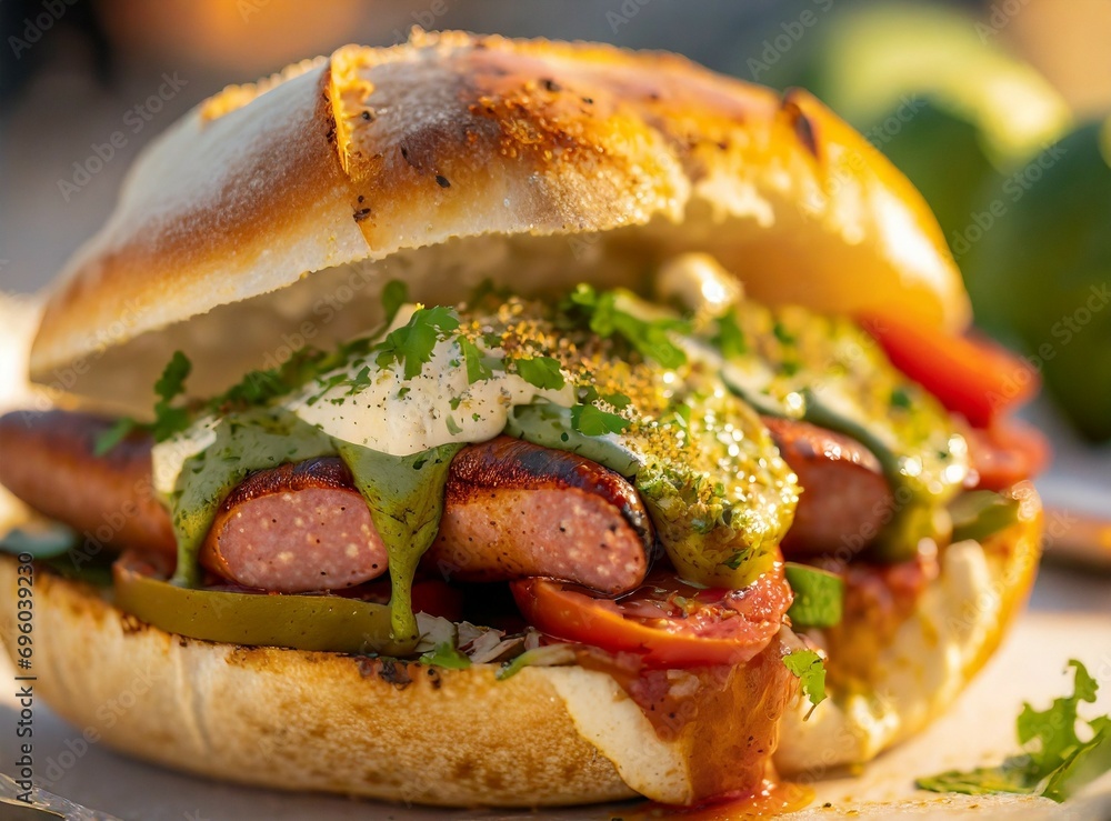Argentinian typical/traditional dish, ''choripan'' with ''chimichurri ...