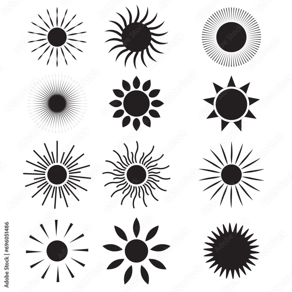 set of 12 Simple sun icon. Shine sun ray set. Sun icon set. Black sun ...
