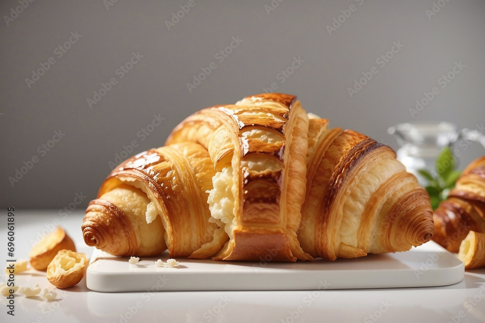 Croissant isolated and crispy on a table, front view, for the menu and ...