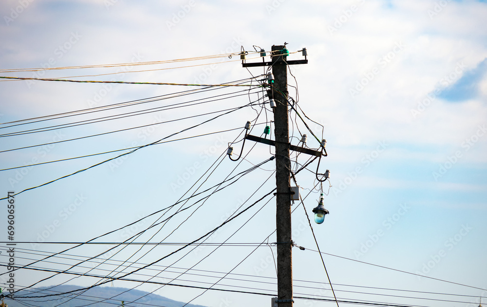 power line distribution pole with many wires against the sky Stock ...
