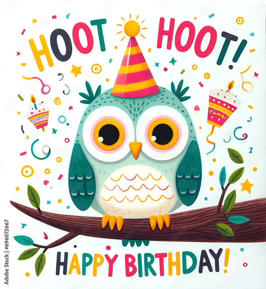 Owl themed birthday card, funny owl with party hat on a branch Stock ...