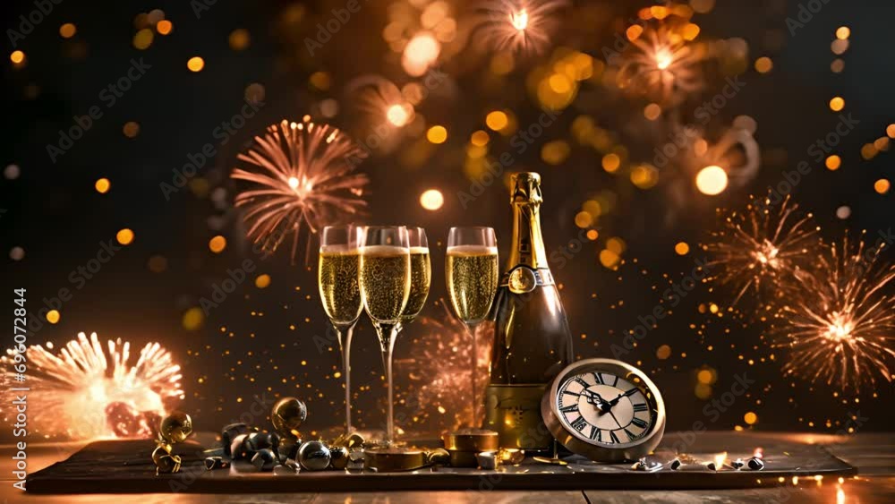 Happy New Year!Champagne for festive cheers with gold sparkling bokeh ...