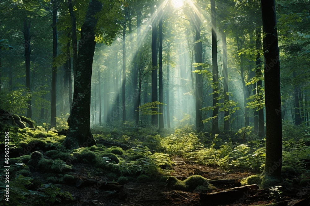 A dense forest canopy with sunlight streaming through, creating ...