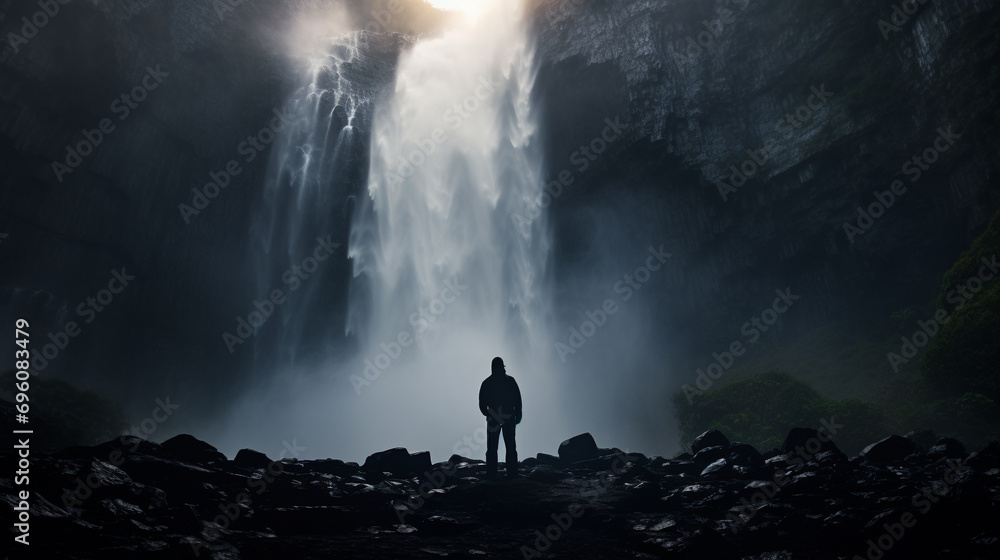 An anonymous figure stands on a cliff, gazing out at a waterfall. The ...
