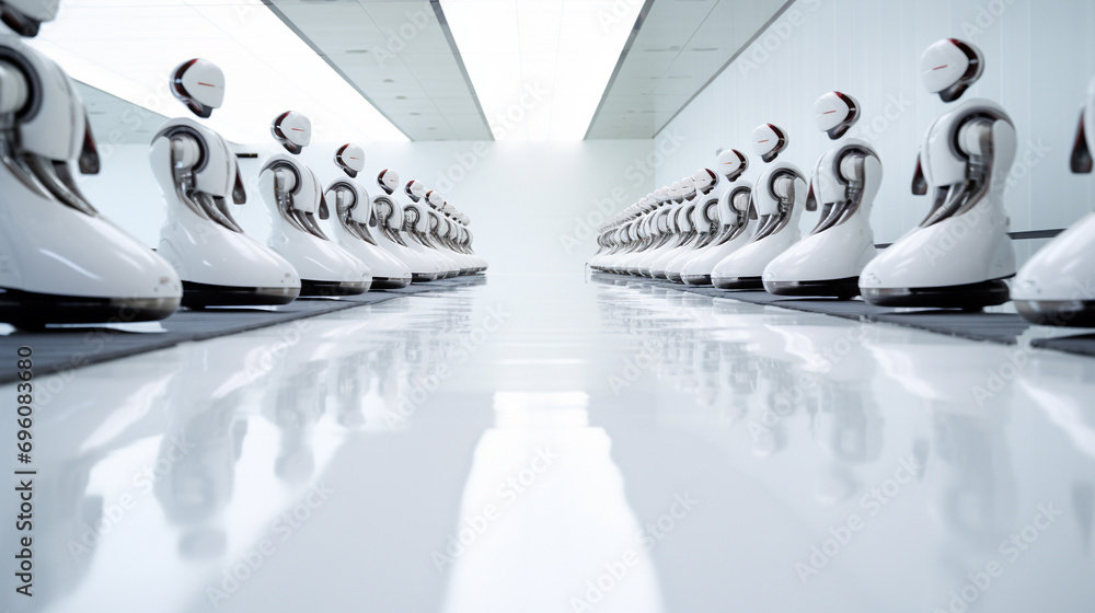 A line of sleek, white robots glides across a polished, white floor ...