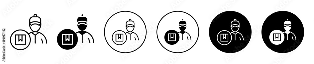 Delivery man icon. doorstep product delivery boy with holding cardboard ...