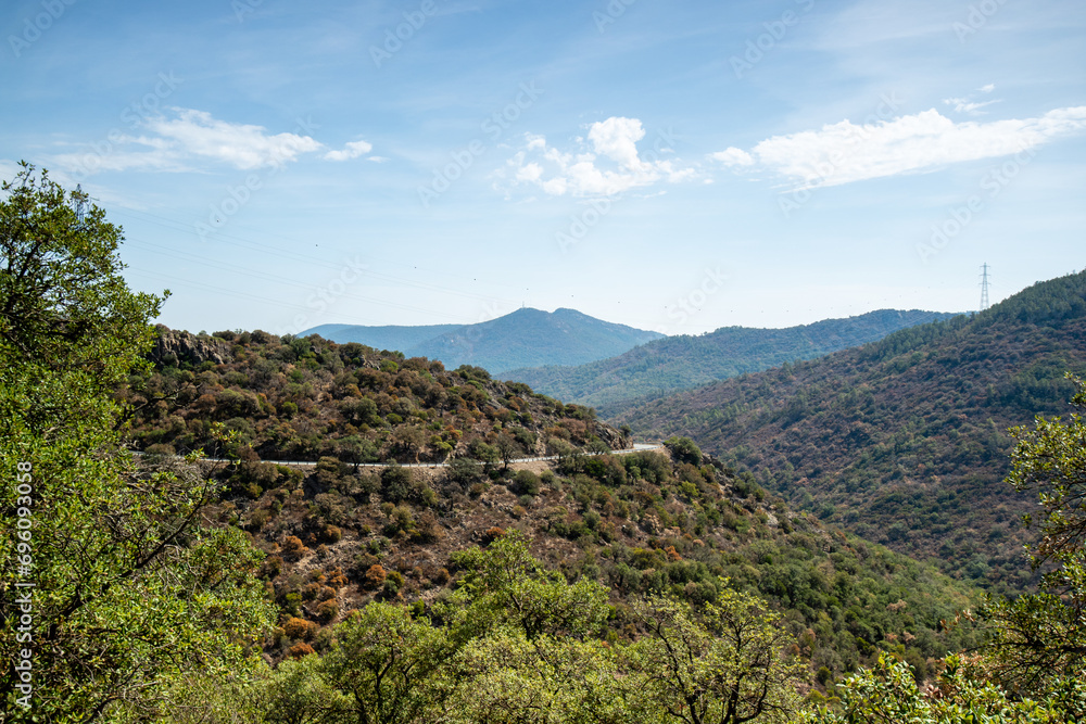 Paysage vallonné avec une route qui passe à flanc de colline dans le ...