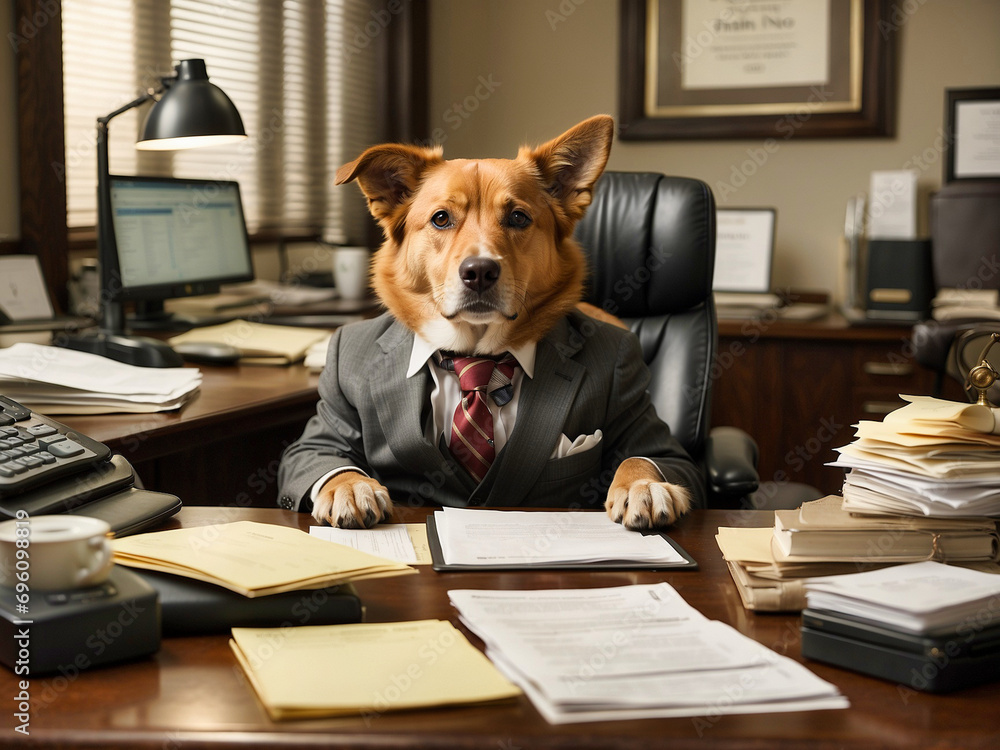a humorous portrayal of a dog dressed as a professional, sitting behind ...