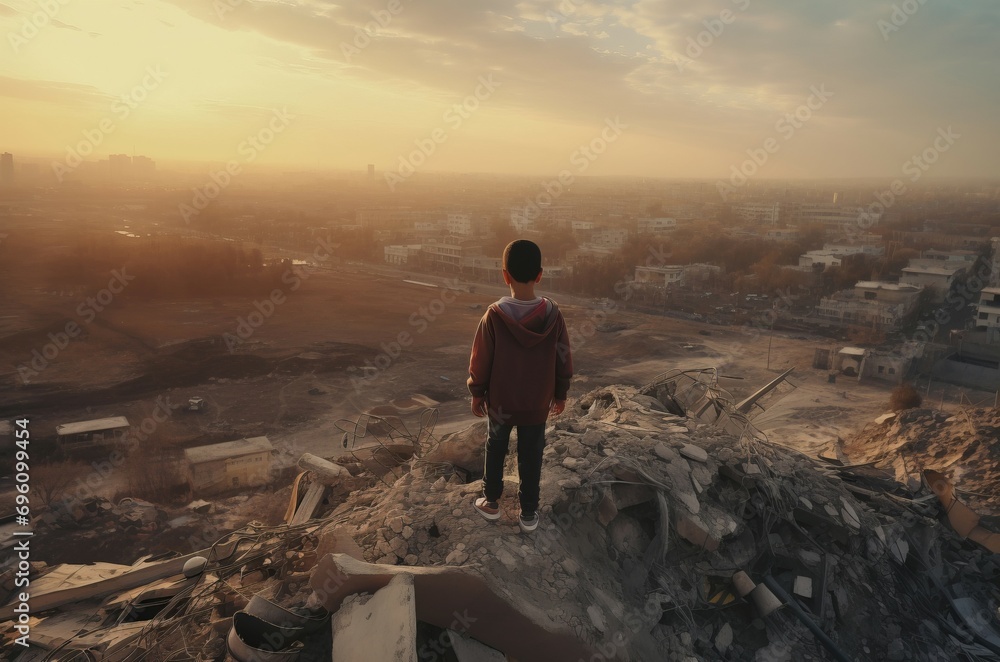 Kid standing on top of huge building crashed pile. Child survival after ...