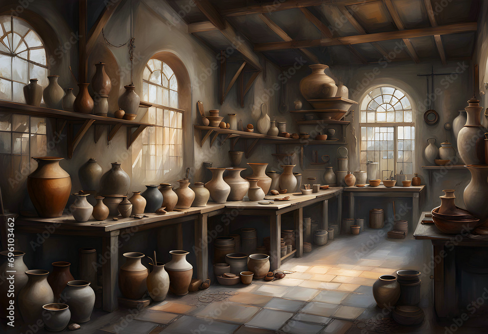 Painting of an old-fashioned pottery workshop depicting a timeworn ...