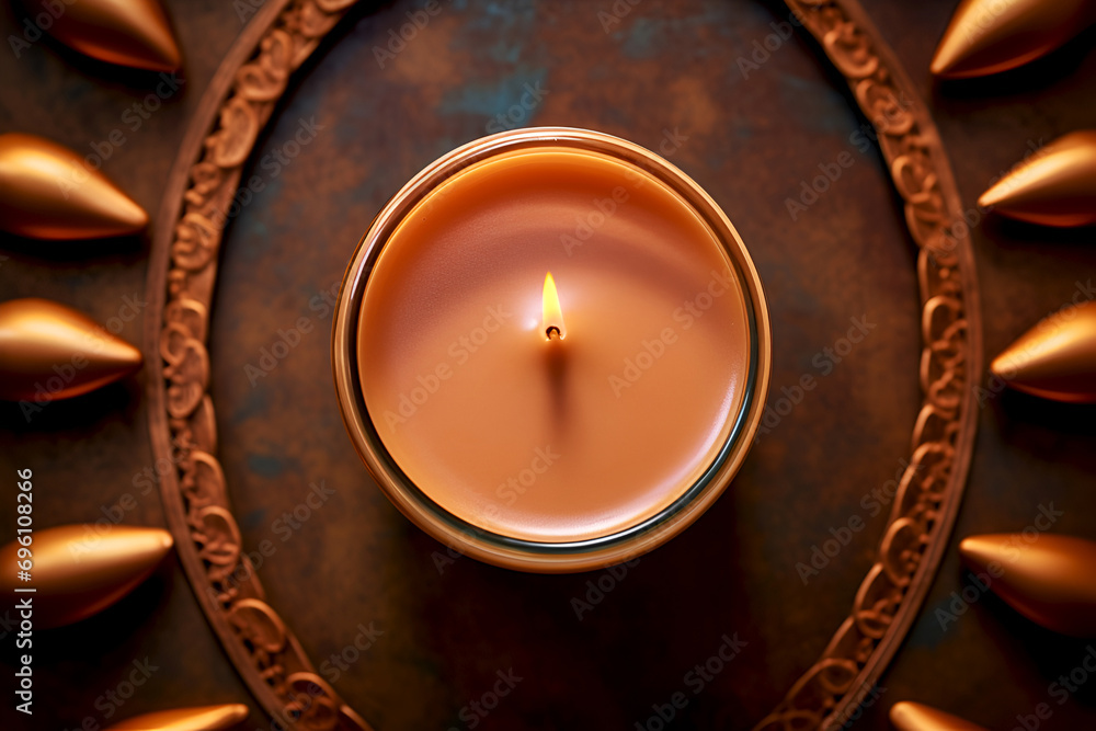 Elegant candle in a serene setting, encircled by an ornate vintage ...