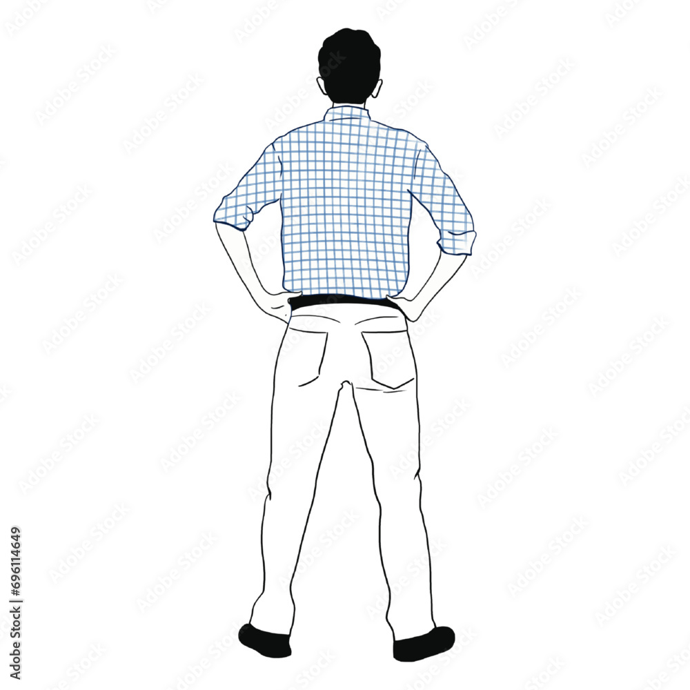 Drawing of a man from behind looking at the horizon, man thinking with ...