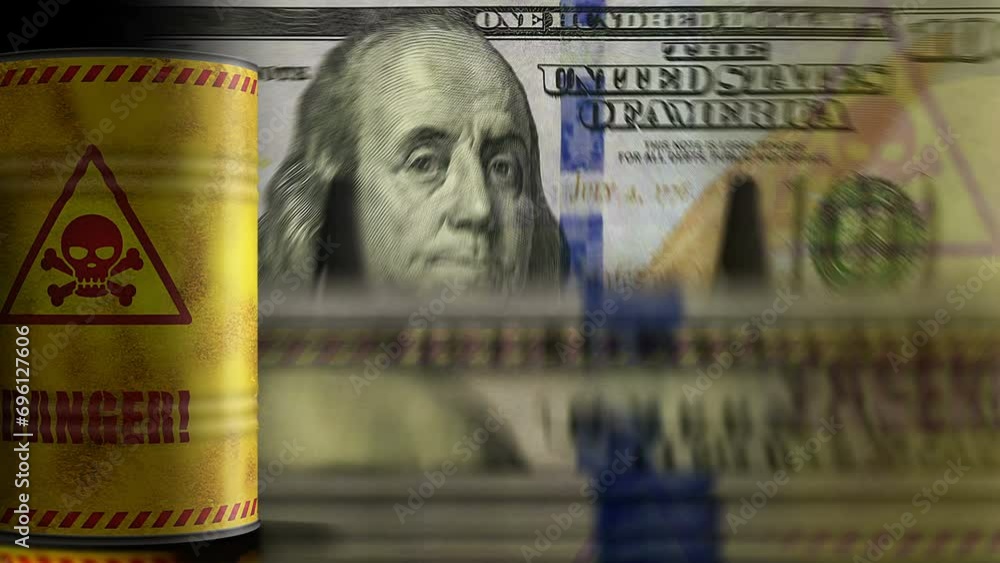 Danger warning with skull symbol barrels over USA Dollar money ...