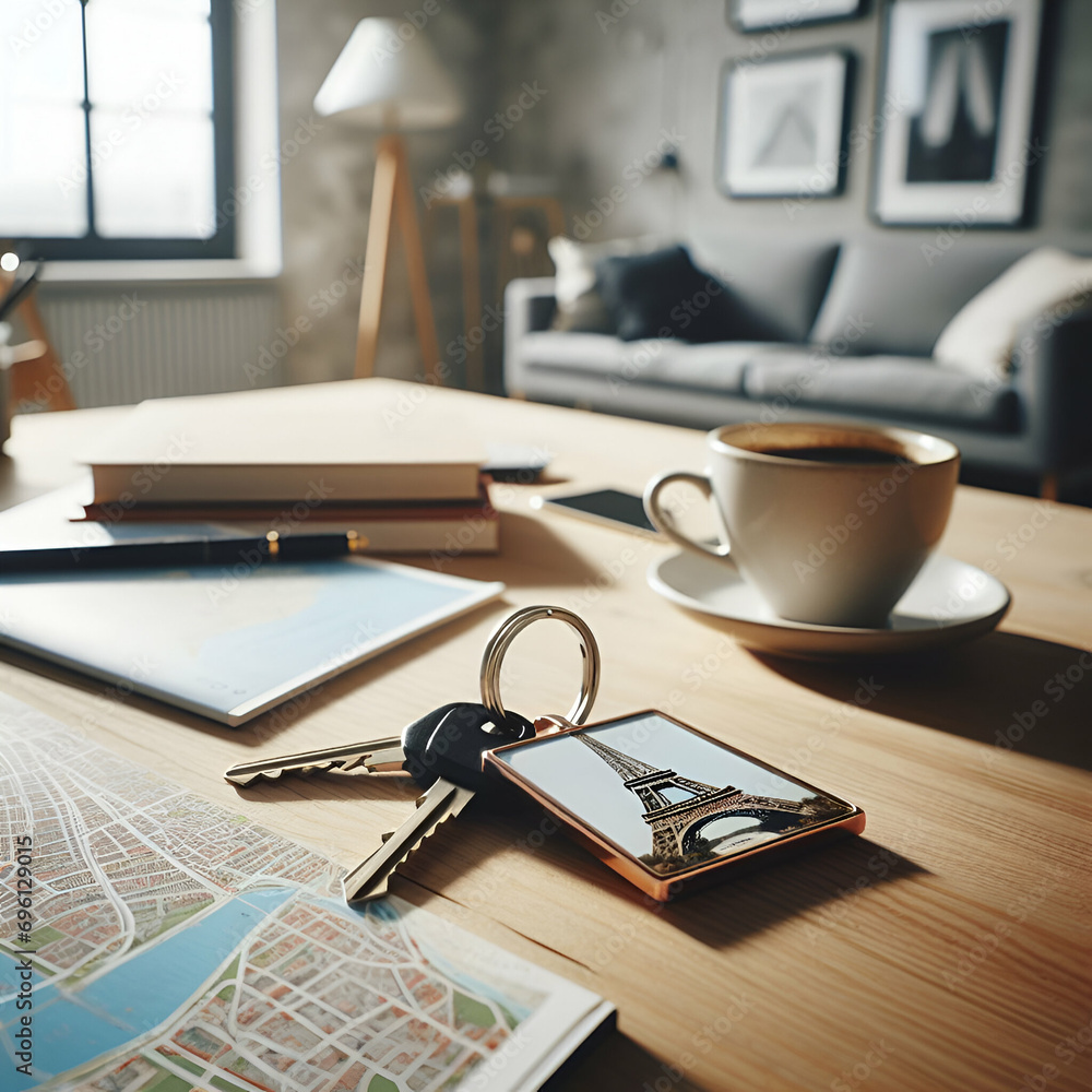 Keys on a Paris Eiffel Tower Key Fob Chain in Focus on a Map with Local ...