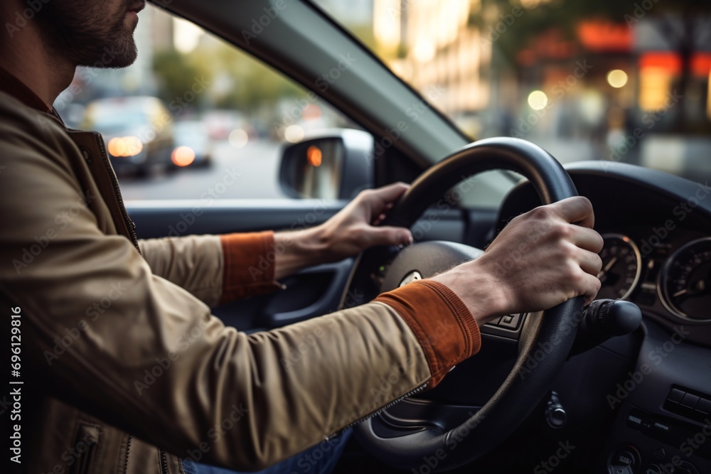 Attentive Man Expertly Navigating a Vehicle, Captured in a Moment of ...