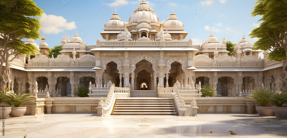 A traditional Indian palace with a 3D front elevation rich in carvings ...