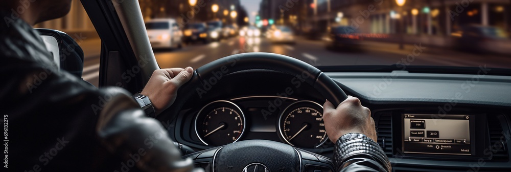 Attentive Man Expertly Navigating a Vehicle, Captured in a Moment of ...