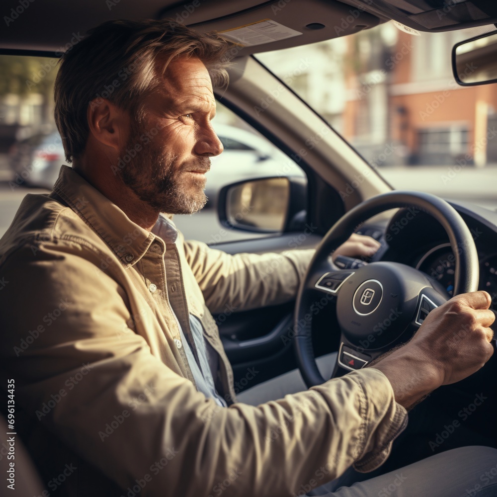 Attentive Man Expertly Navigating a Vehicle, Captured in a Moment of ...