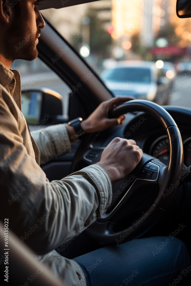 Attentive Man Expertly Navigating a Vehicle, Captured in a Moment of ...