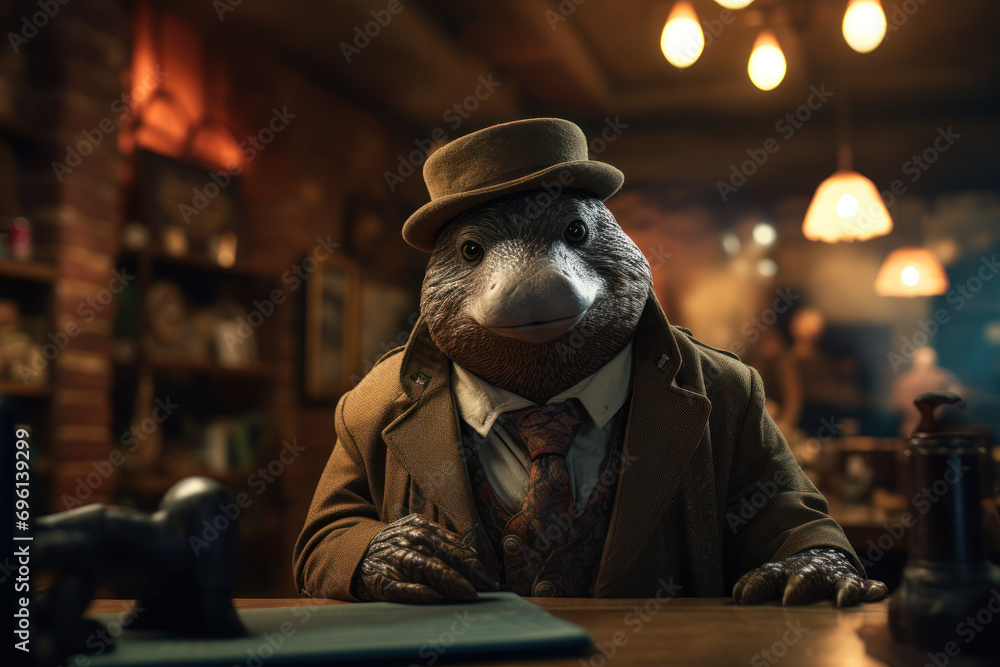 A platypus wearing detective attire and solving a mystery, portraying ...