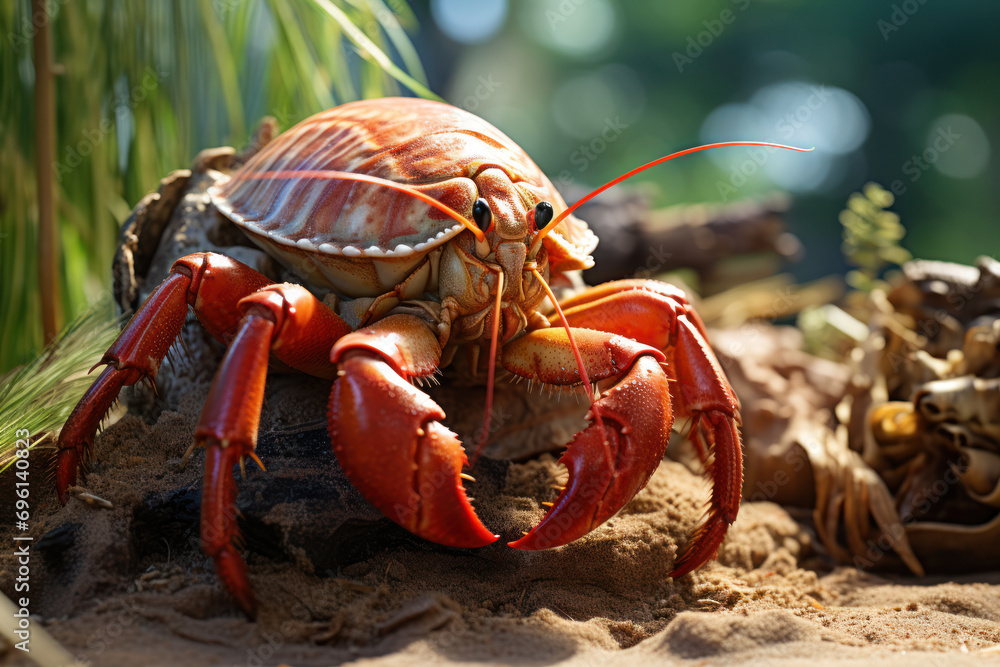 A scene of a hermit crab using a discarded shell for protection ...
