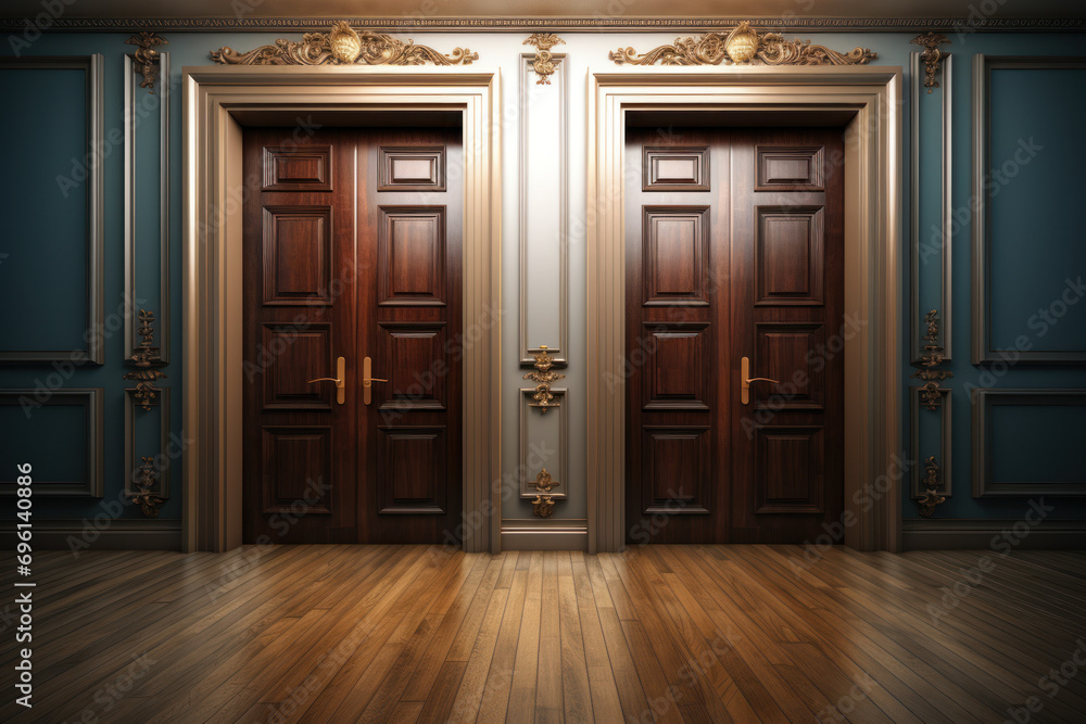 A surreal scene of a door leading to another door, forming a ...