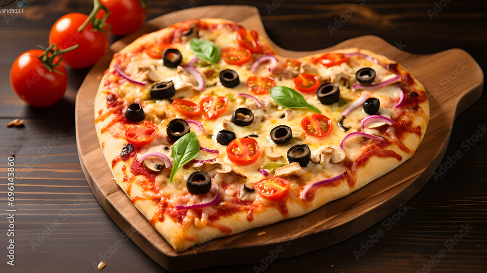 Heart-shaped pizza with various toppings, valentines day background ...
