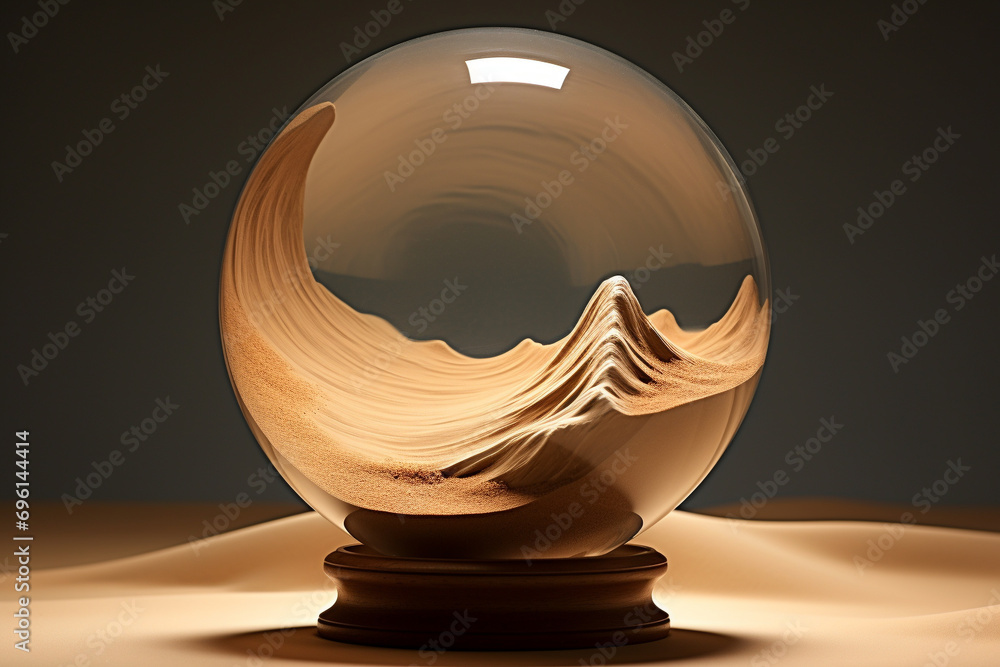 Sand dunes sculpted by the wind, contained within a glass orb--a ...