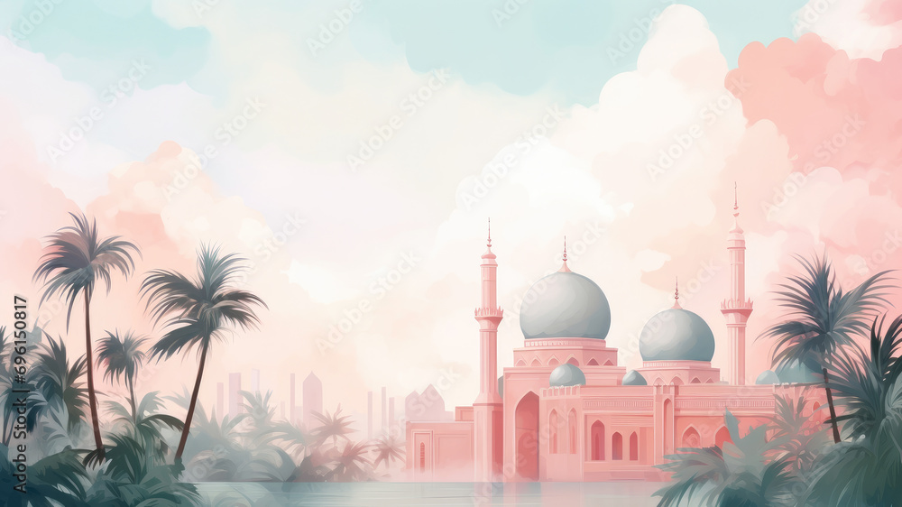 Aesthetic Watercolor Painting of a mosque illustration on an island ...