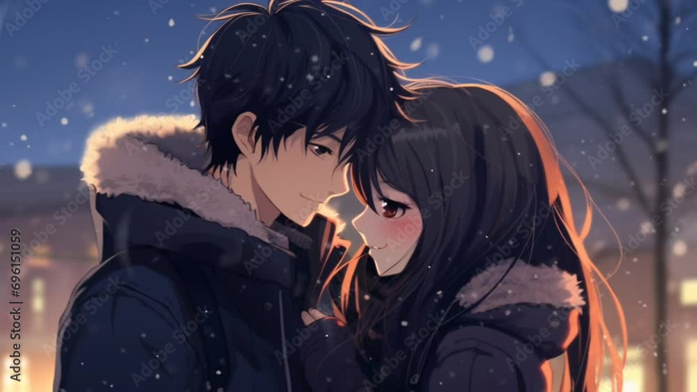 anime girl, cuddling with boyfriend while snowing. seamless looping ...
