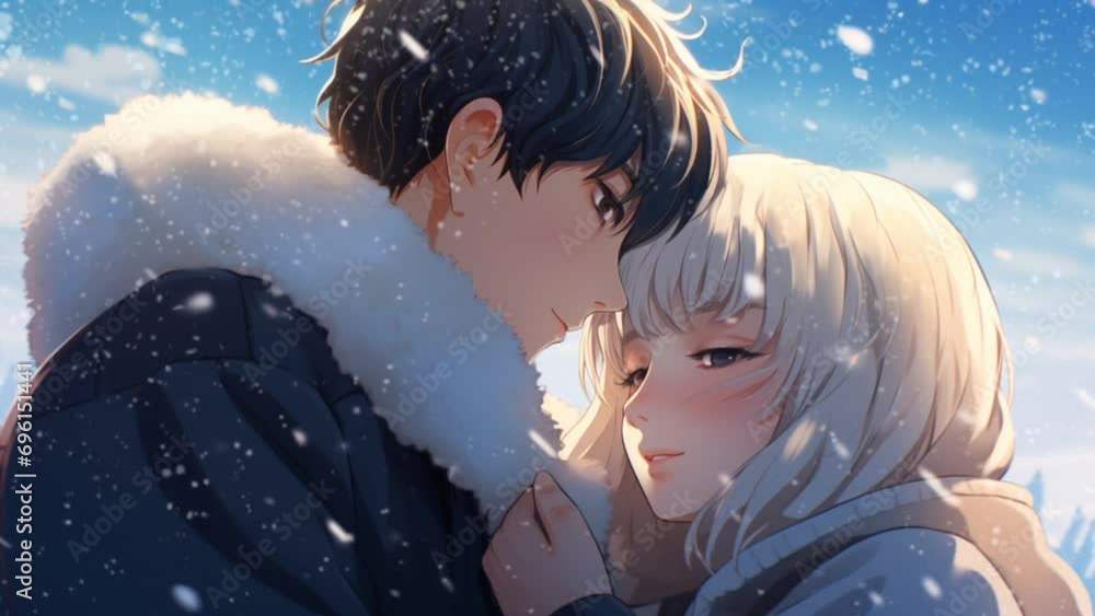 anime girl, cuddling with boyfriend while snowing. seamless looping ...