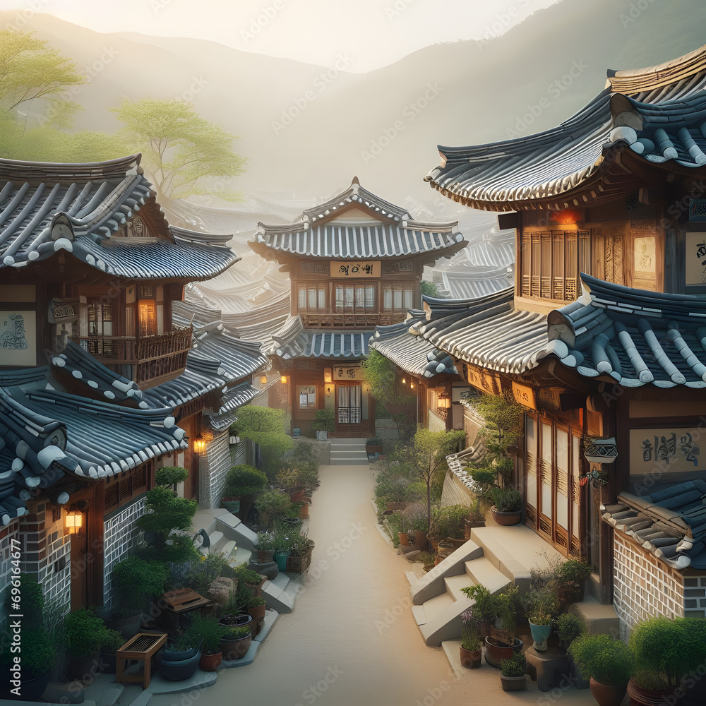 Hanok, a traditional Korean house, with an alley in the center, a ...