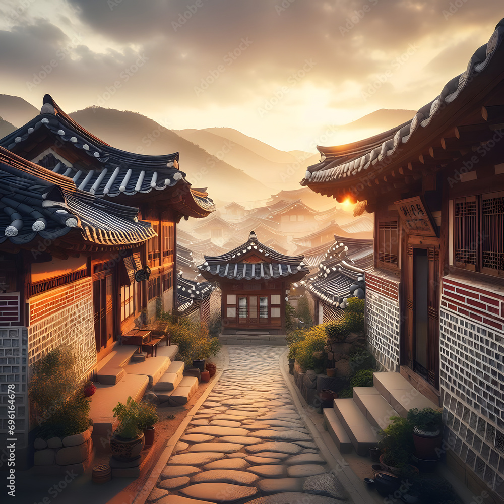 Hanok, a traditional Korean house, with an alley in the center, a ...