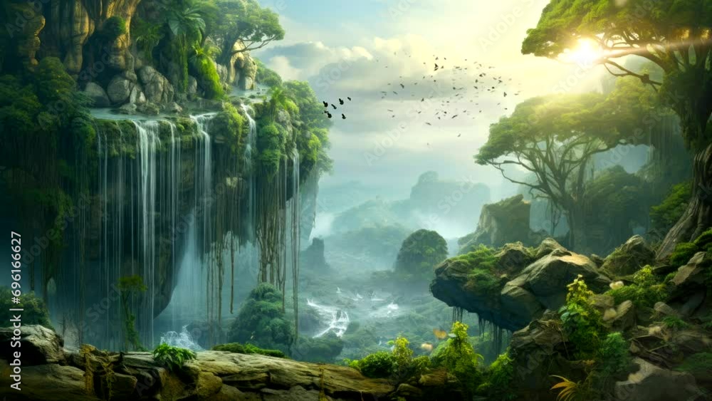 Beautiful nature forest with waterfall of mountain, tree, cliff, video ...