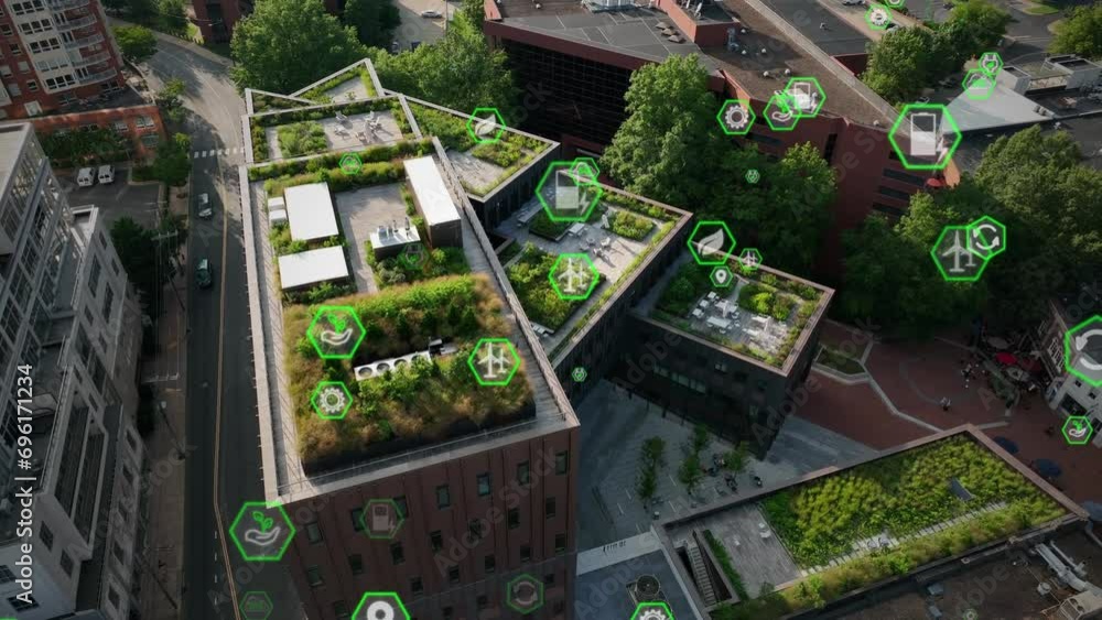 Eco-friendly rooftop gardens. Climate change mitigation. Modern urban ...