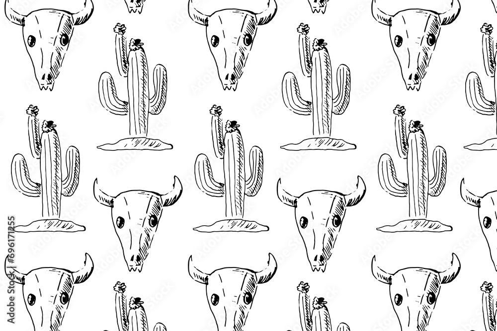 seamless pattern wild west cactus and skull of animal. Vector ...