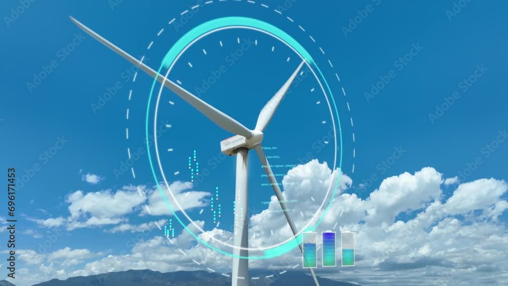 Renewable energy. Wind turbine with animated HUD icons. Clean power ...