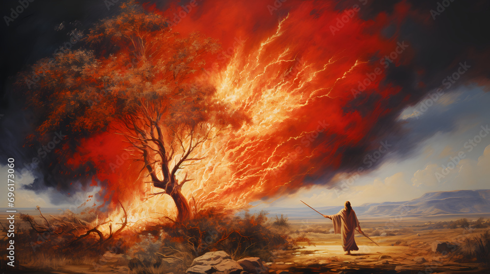 In the serene desert, Moses, a humble shepherd, witnesses a celestial ...