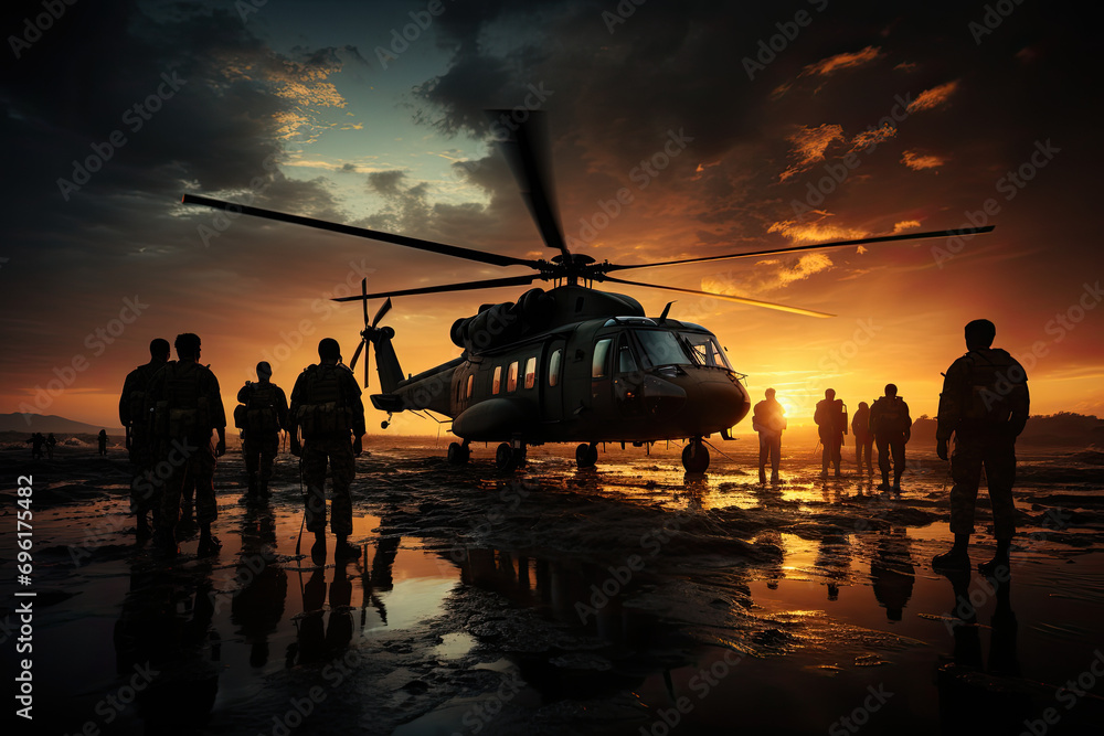 Silhouettes of armed soldiers with a helicopter overhead at dusk ...