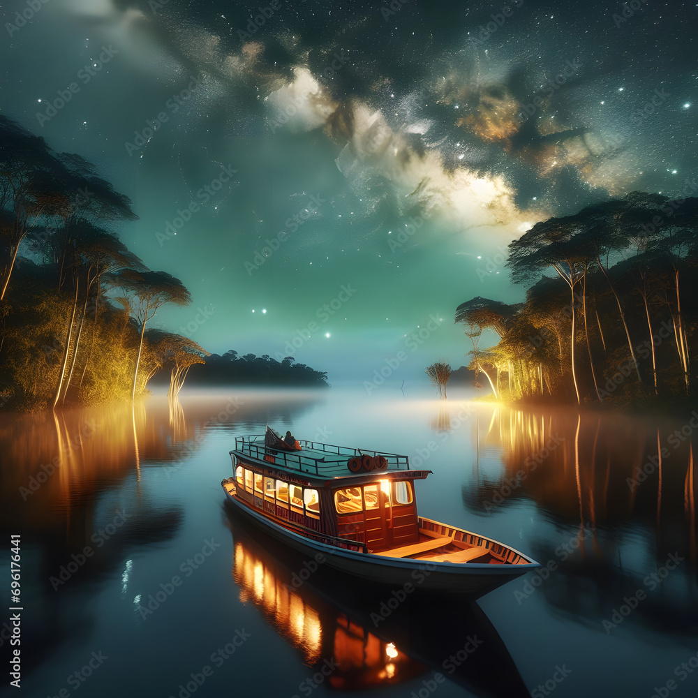 Boat sailing under the light of the milky way. boat reflecting under ...