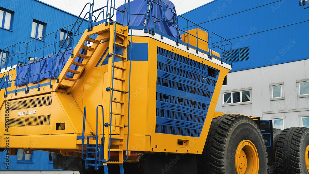 New dump truck without a body on the territory of the plant. BelAZ ...