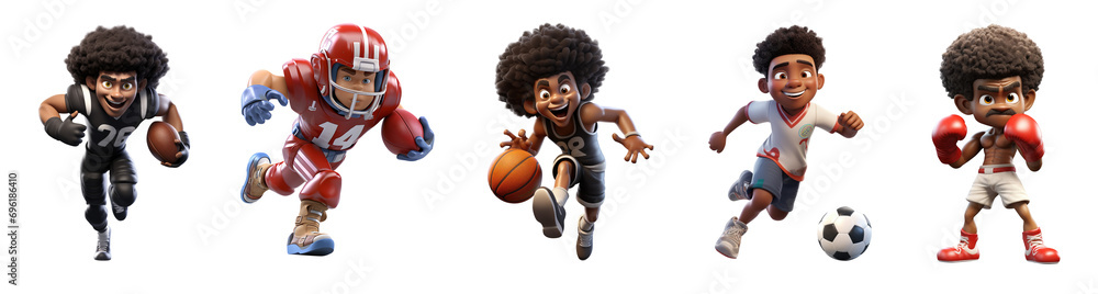 Set of 3D cartoon character different professional sportsmen, fit ...