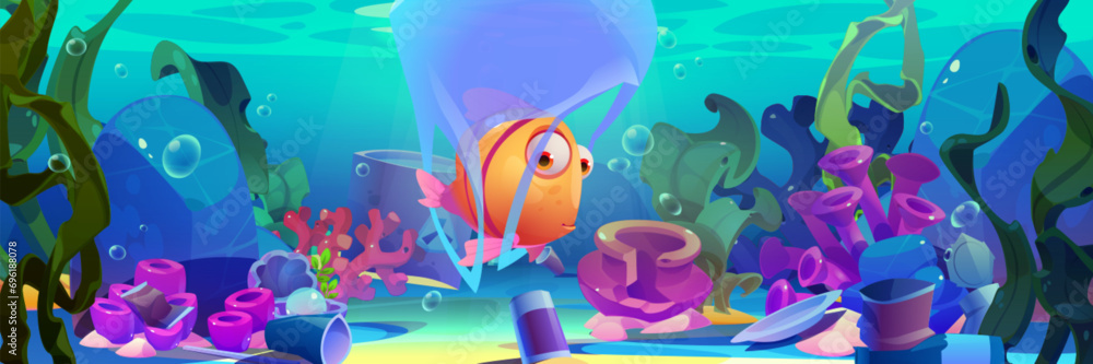 Ocean plastic pollution - sad scared fish tangled in polyethylene bag ...