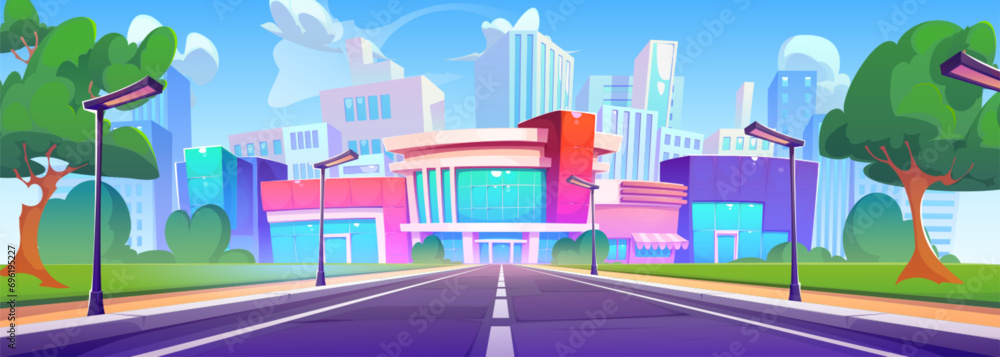 Big city with modern skyscrapers and highway perspective. Vector ...