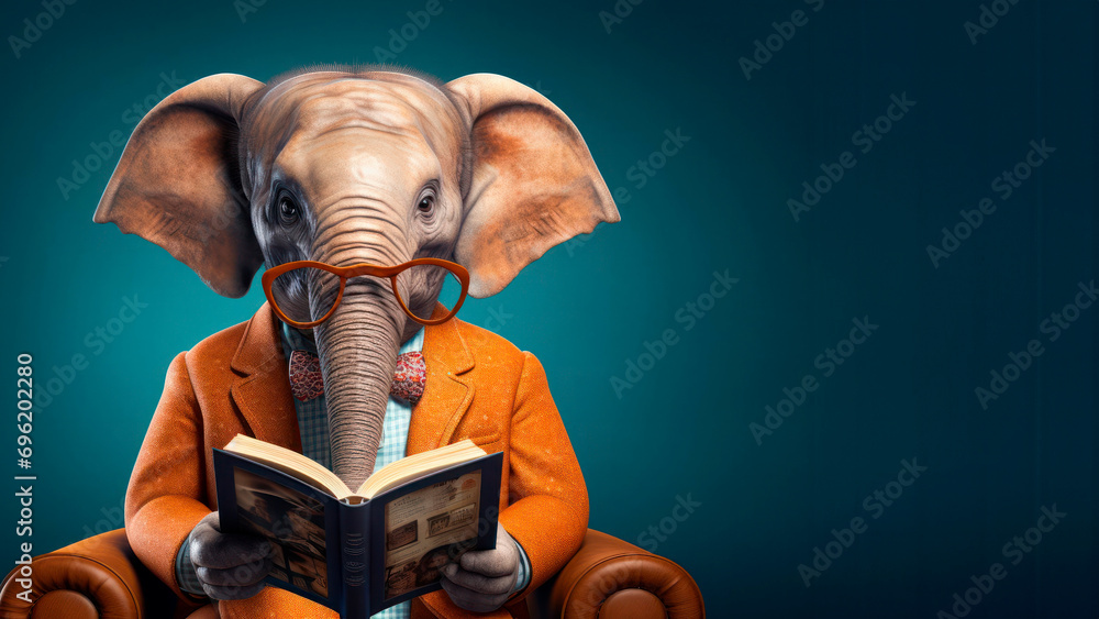 Cute smart cartoon elephant in glasses reading book or study with a ...