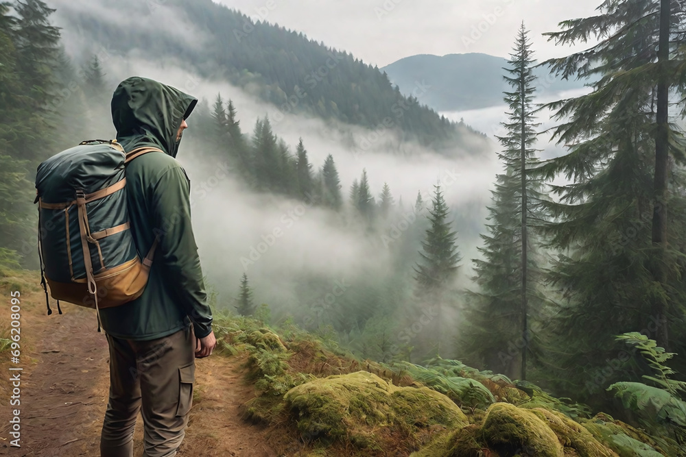 Forest, fog, mountains in the distance, man in the sport hood standing ...