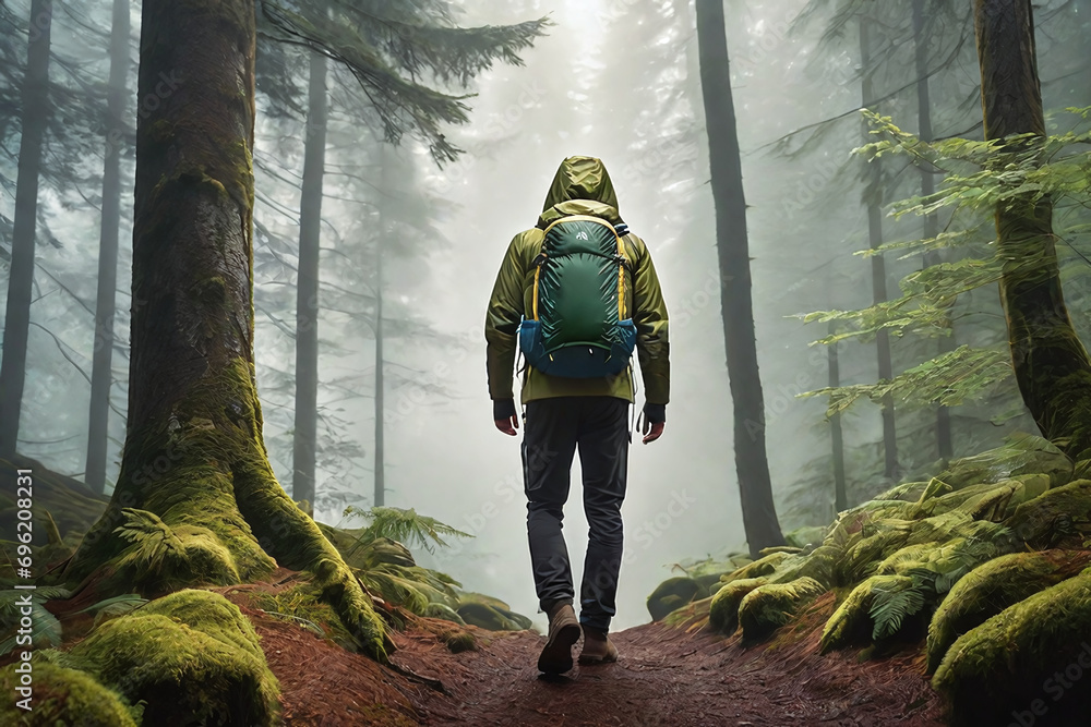 Forest, fog, mountains in the distance, man in the sport hood standing ...