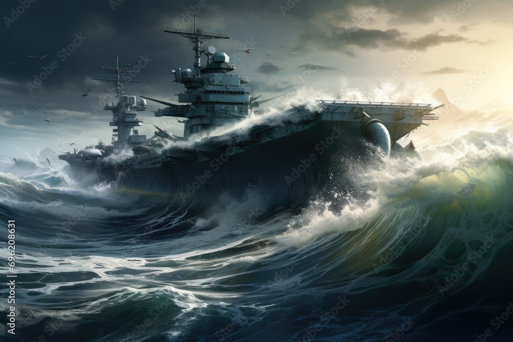 Aircraft carrier Military strategic ship, panoramic view of a generic ...