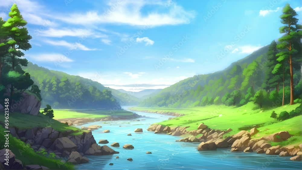 landscape with river and mountains. animated views of rivers, mountains ...